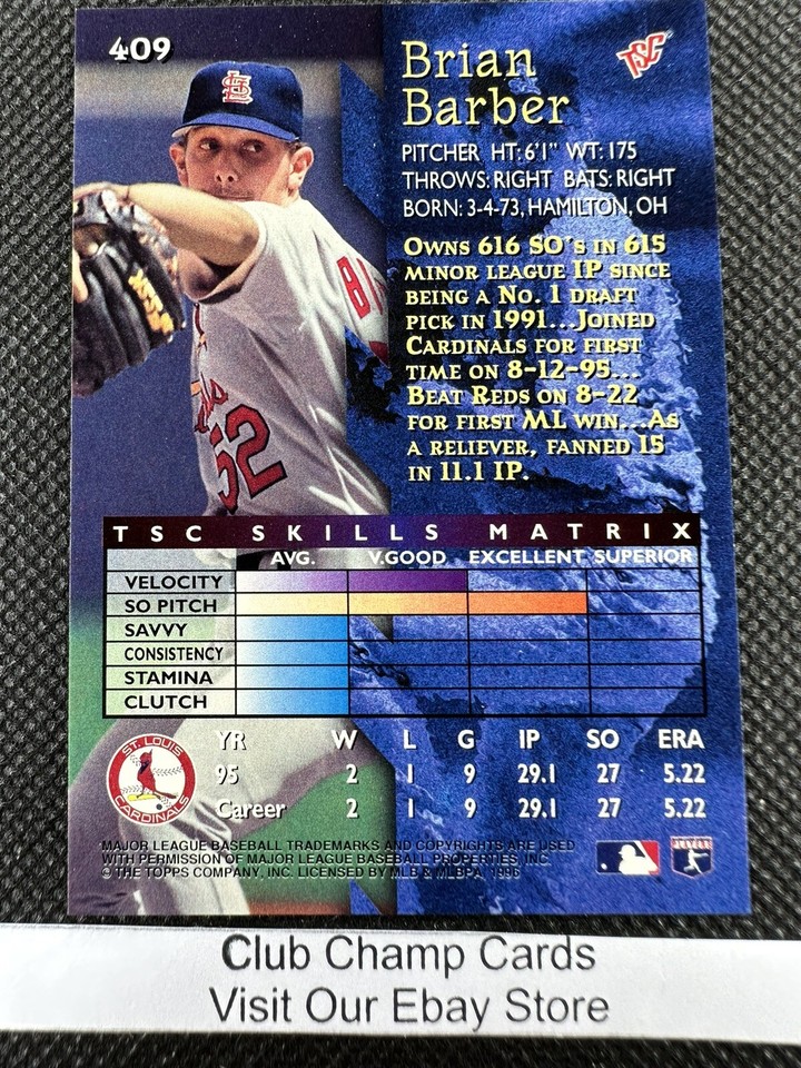 1996 #409 Brian Barber Topps Stadium Club Baseball Cardinals | eBay