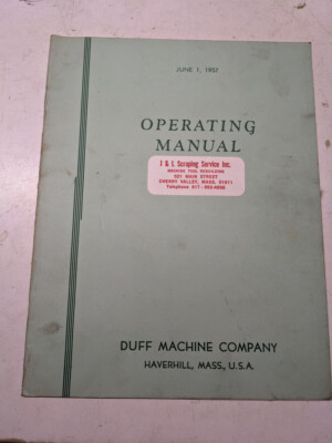 DUFF MACHINE COMPANY OPERATING MANUAL PART LIST MILLING ATTACHMENT 1957 ...