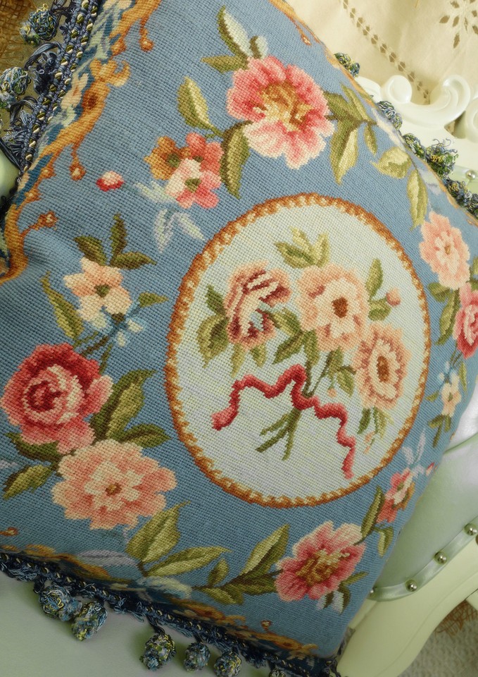 18" Beautiful Blue Rococo Style Vintage Handmade Rose Needlepoint ...