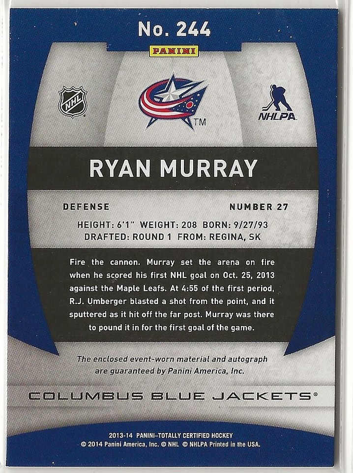 2013-14 Totally Certified Rookie Auto Jerseys #244 Ryan Murray /250 ...