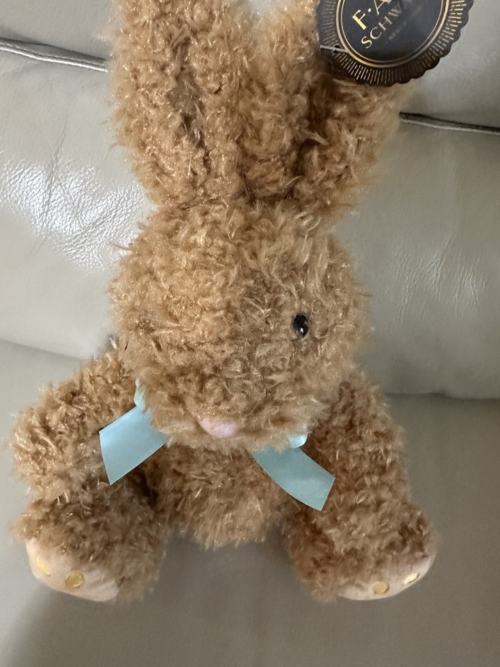 FAO Schwarz Fuzzy Brown Bunny Rabbit Blue Bow 13” Plush Toy Easter ...