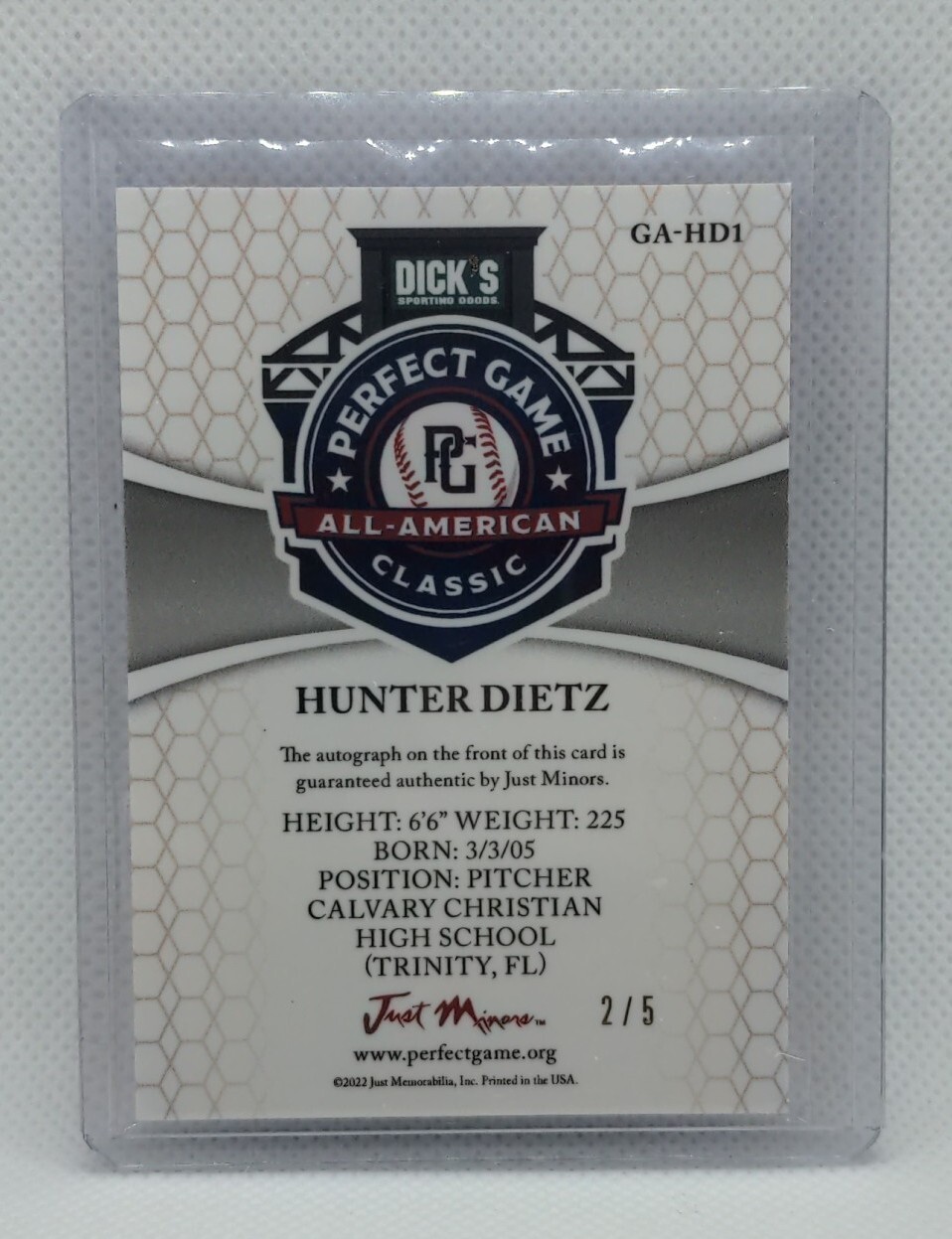2022 LEAF PERFECT GAME JUST MINORS HUNTER DIETZ 2/5 GOLD REFRACTOR AUTO ...