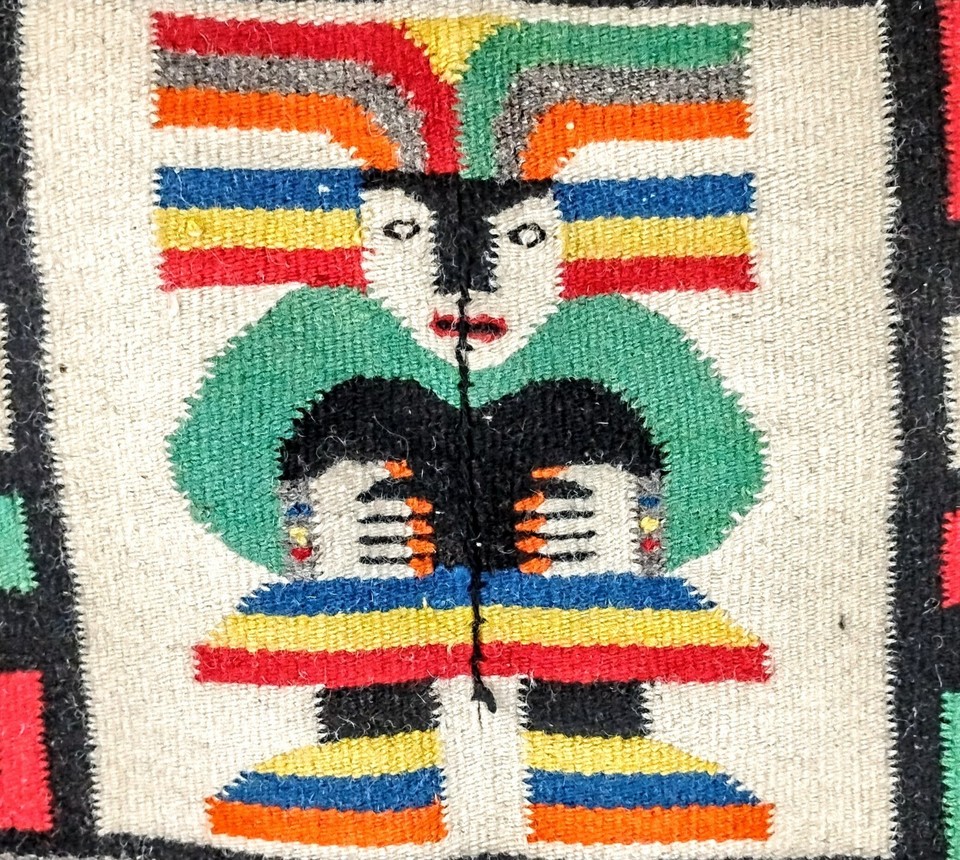 Vintage Mexican Wool Rug Woven Blanket Handmade Mayan Aztec Warrior God ...