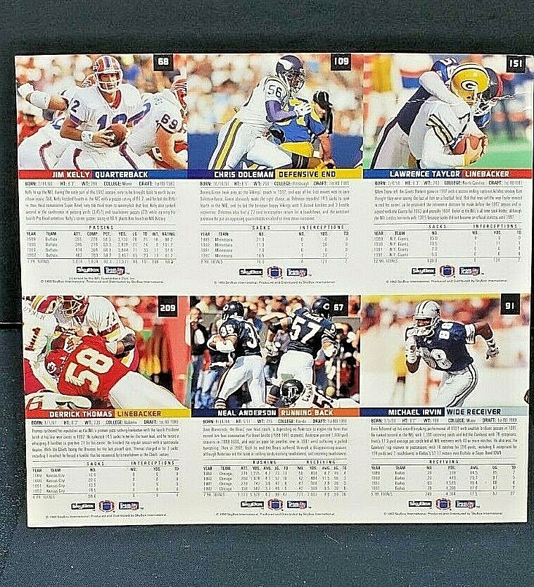 1993-94 Skybox Premium 6 Card NFL Football Uncut Sheet Jim Kelly ...
