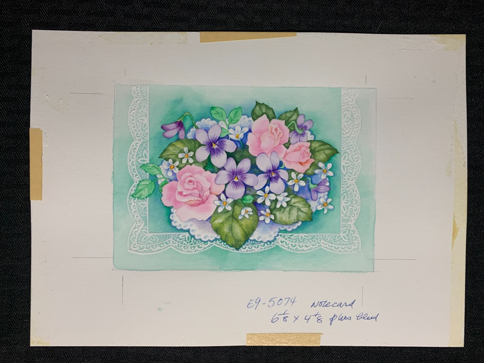 NOTE CARD Pink & Purple Flowers w/ Lace Border 11x8" Greeting Card Art ...