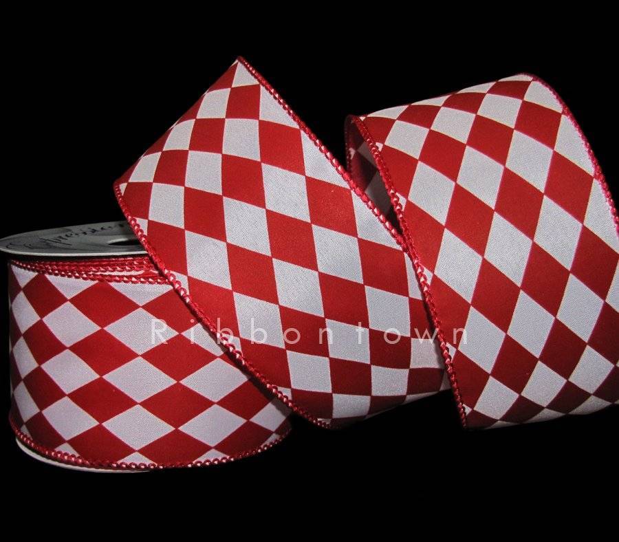 10 Yards Red White Diamond Jester Harlequin Christmas Wired Ribbon 2.5 ...