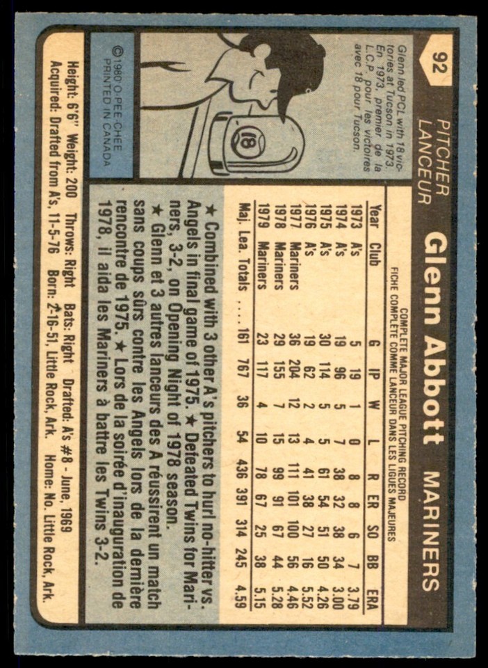 1980 O-PEE-CHEE GLENN ABBOTT SEATTLE MARINERS #92 | eBay