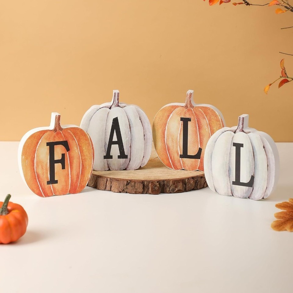 Autumn Pumpkin Wooden Sign Set 4 Pieces Fall Tabletop and Mantel Decor ...