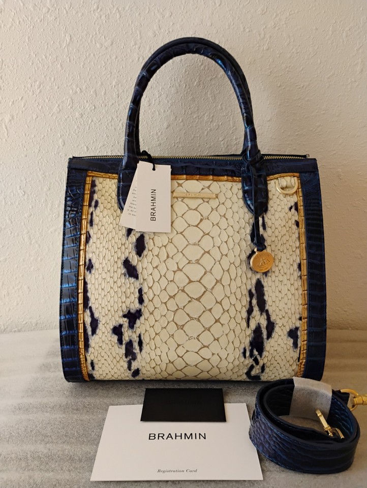 Brahmin Shell White Freshwater Caroline Genuine Leather Blue Top Handle ...