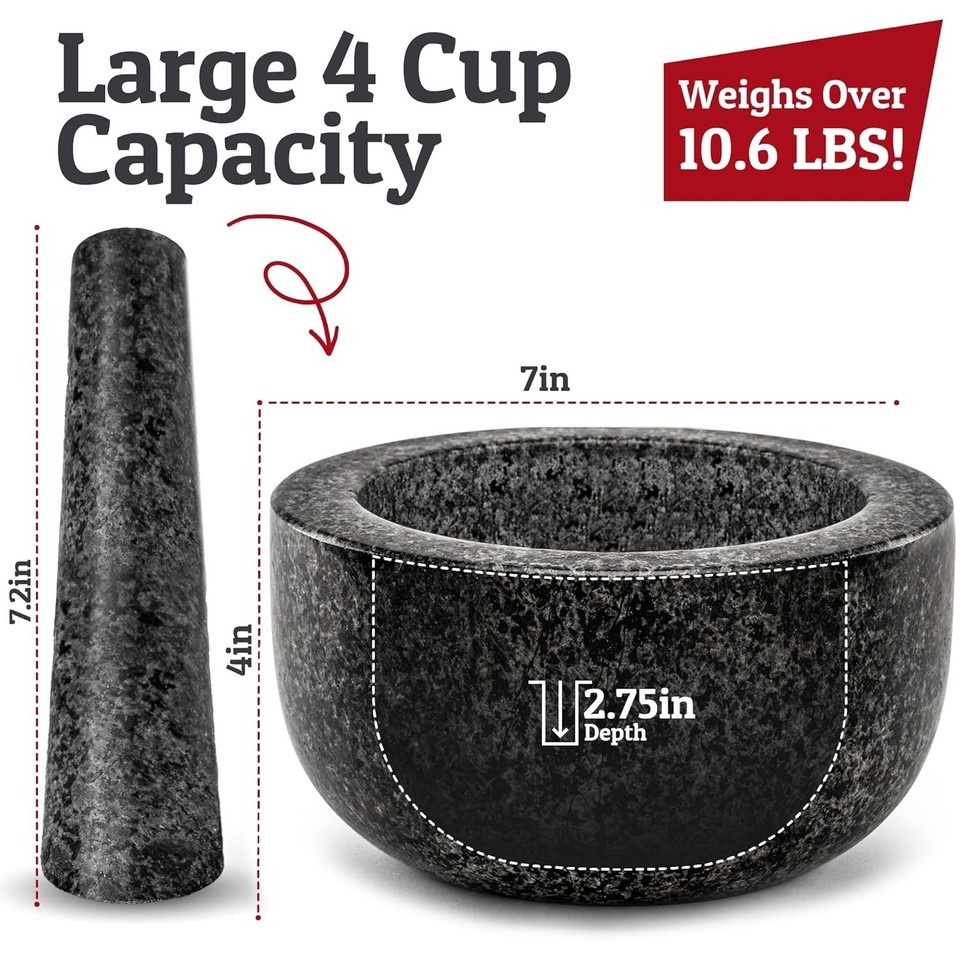 Priority Chef Heavy Duty Large Mortar and Pestle Set, 100% 4 Cup, Black ...
