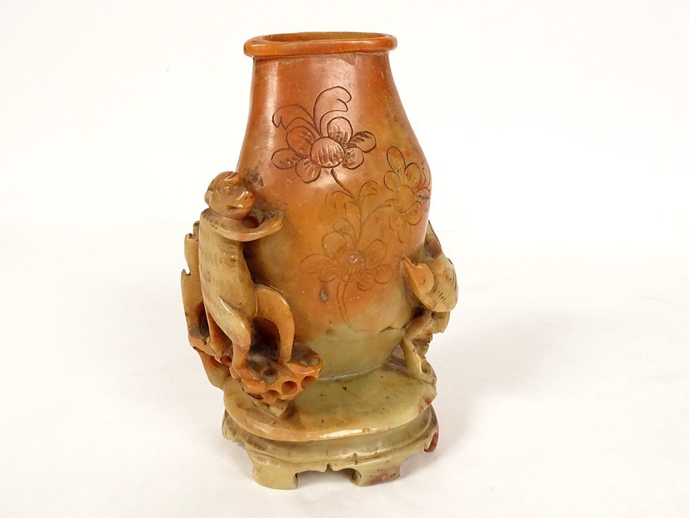 Small Chinese Vase Sculpture Bacon Stone Monkey Chinese Bird Late 19th ...