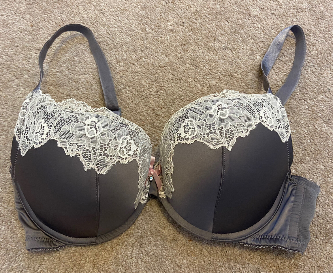 Boux Avenue Grey Satin & Lace Plunge Bra, Size 34D - Gem