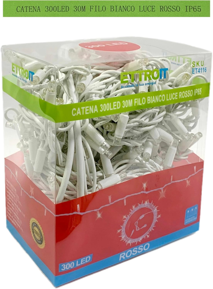 Catena Luminosa 300 LED, 30Mt, Luce Rosso, Cavo Bianco, IP65 ...