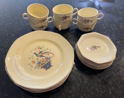 Dinner Plates Cups Saucers Yellow Bird of Paradise Set 18 Antique Ivory ...