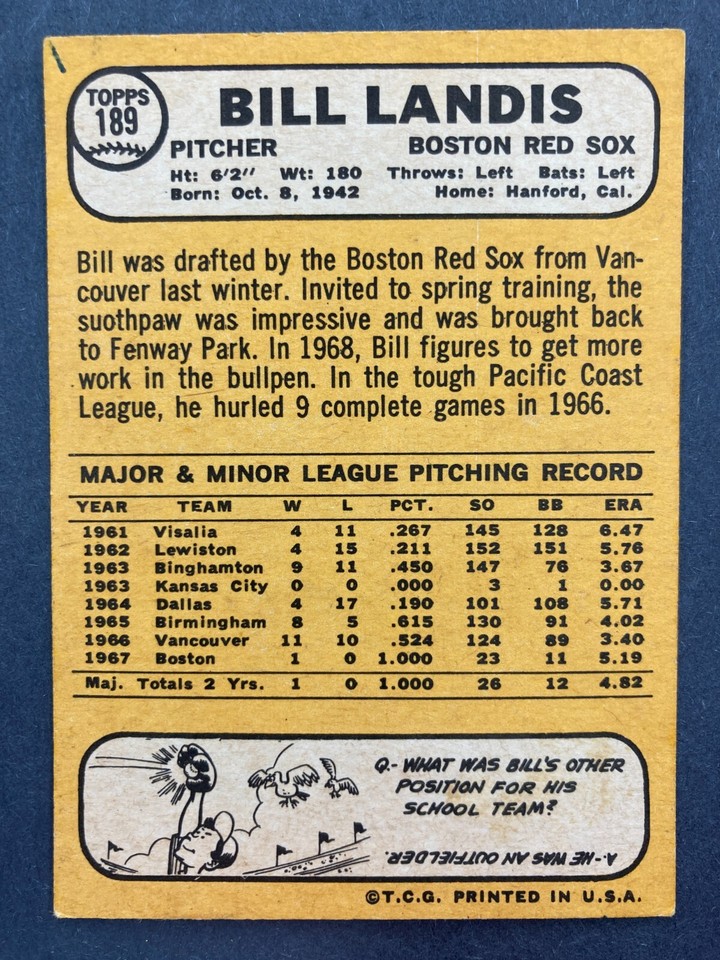 1968 Topps #189 Bill Landis RC (Boston Red Sox) ROOKIE! (B) | eBay