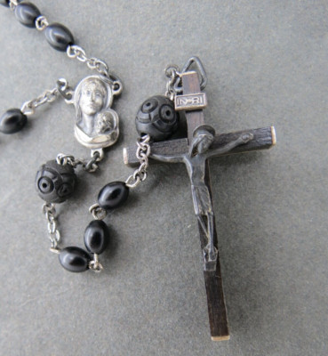 Vintage Rosary Prayer Carved Beads Christian Crucifix Jet Black Marked ...
