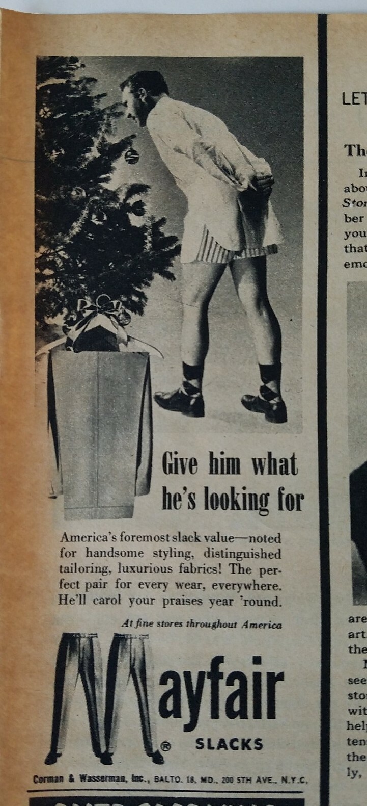 1953 men's Mayfair slacks man underwear Christmas tree vintage fashion ...