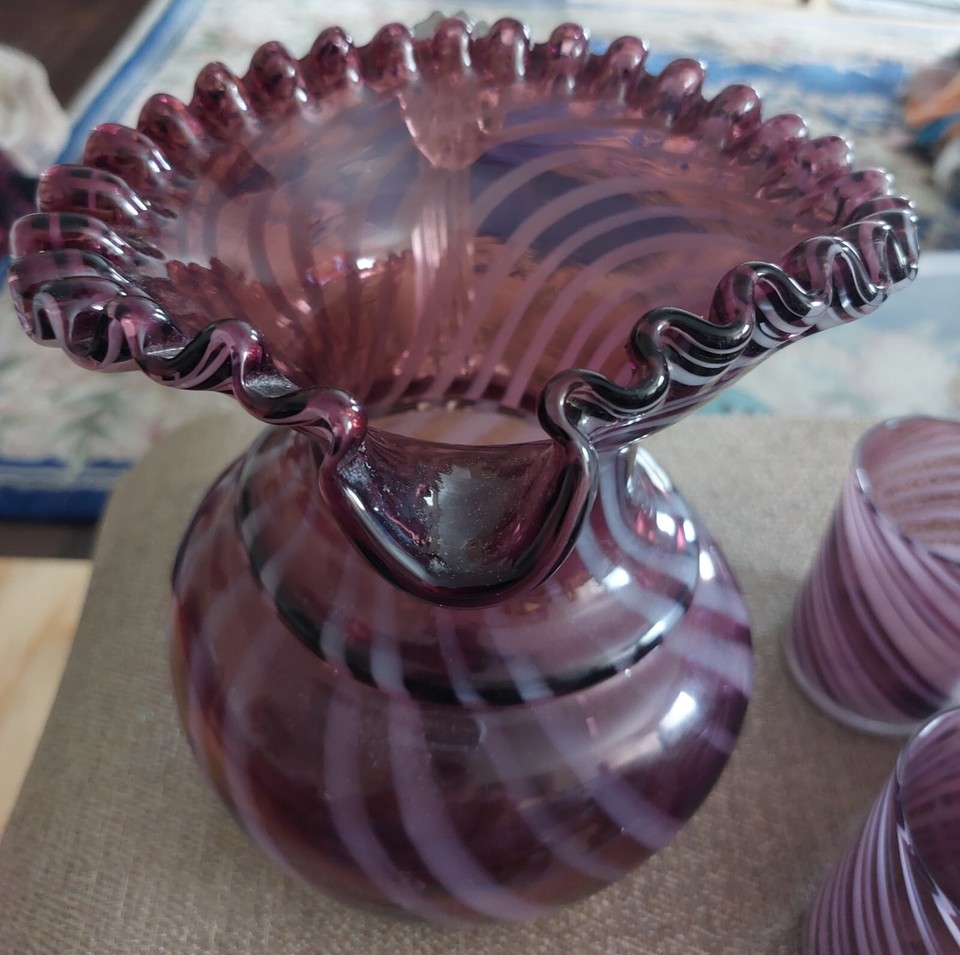 ANTIQUE FENTON CA 1935 PURPLE PLUM OPALESCENT SWIRL LEMONADE WATER SET ...
