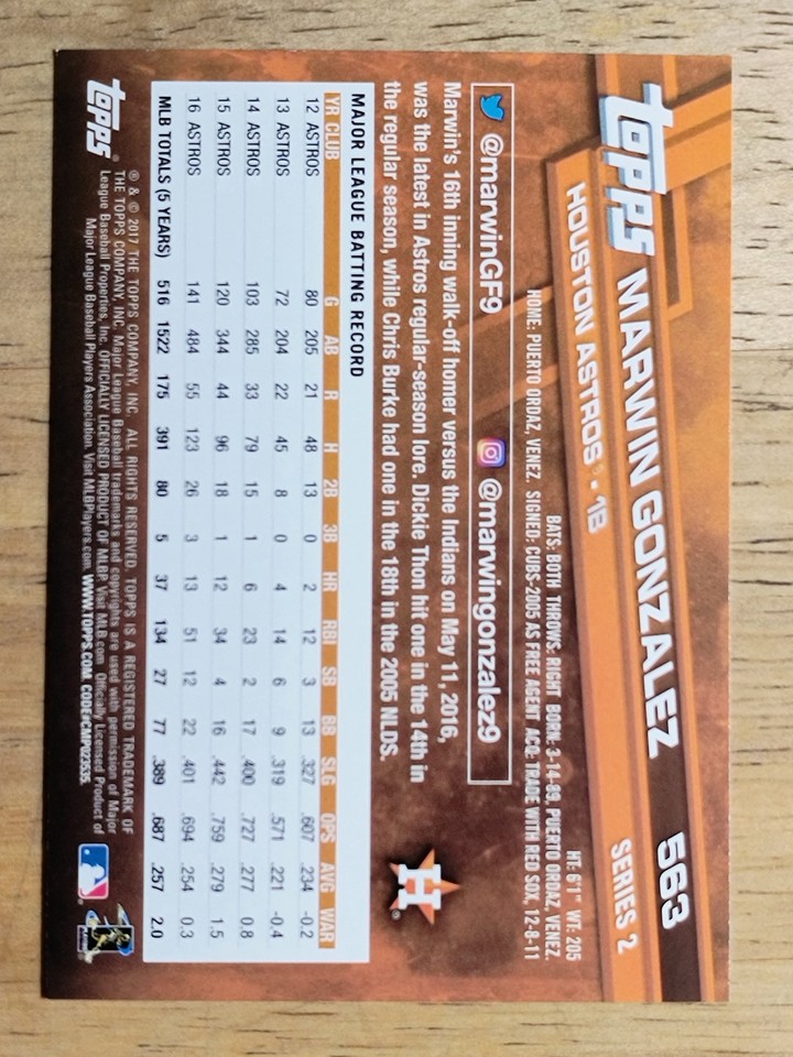 2017 Topps #563 Marwin Gonzalez | eBay