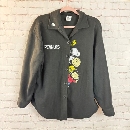 Peanuts Fleece Shirt Jacket Button Down Cartoon Characters Black L(12/ ...