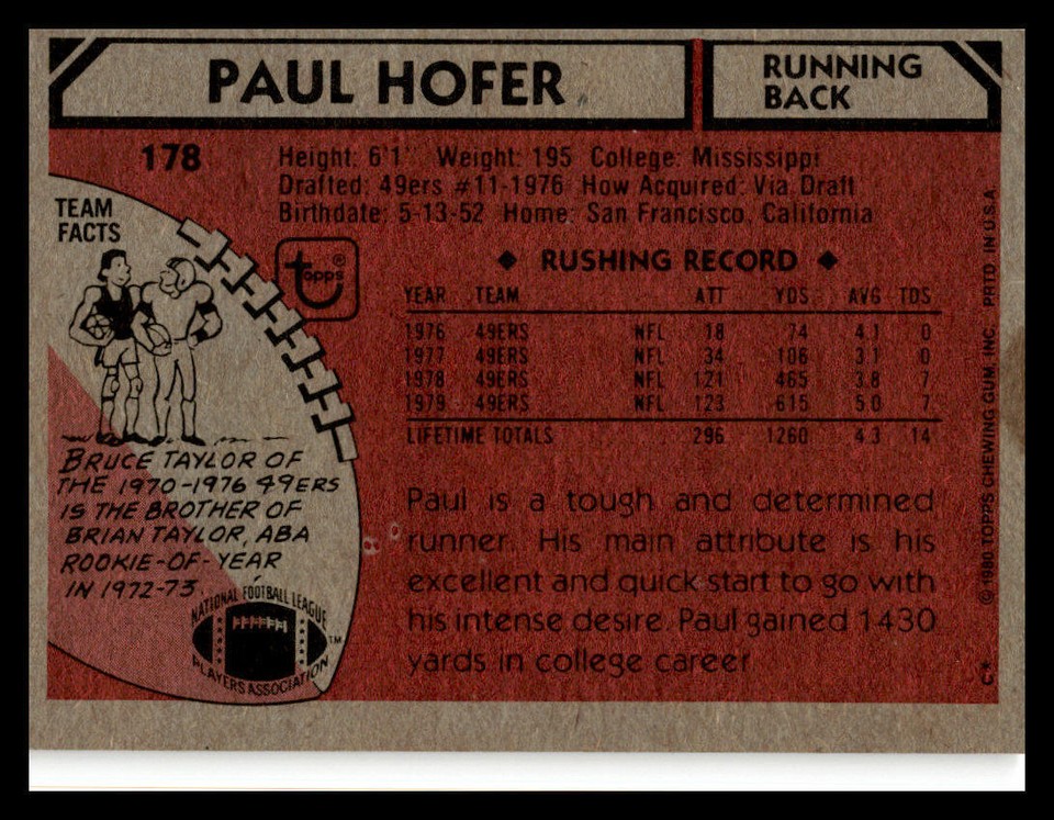 1980 Topps Paul Hofer #178 San Francisco 49ers | eBay