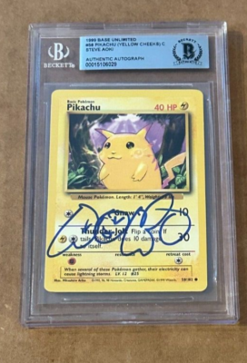 STEVE AOKI SIGNED 1999 POKEMON SHAWDOWLESS PIKACHU 58/102 BECKETT BAS ...