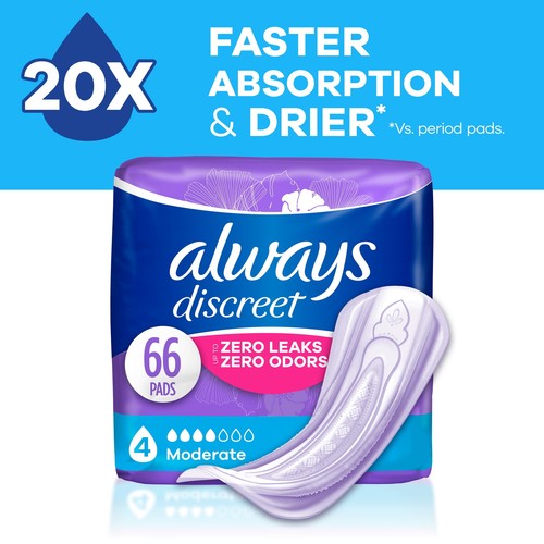 Always Discreet Incontinence Pads, Moderate Absorbency, Regular Length ...