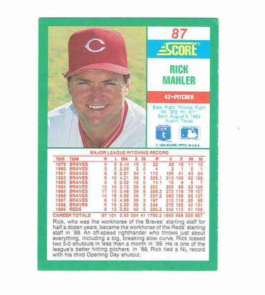 Rick Mahler Pitcher #42 Cincinnati Reds #87 Score 1990 Baseball Card | eBay