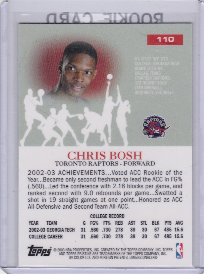 CHRIS BOSH ROOKIE CARD 2003 Topps Pristine Toronto RAPTORS NBA ...