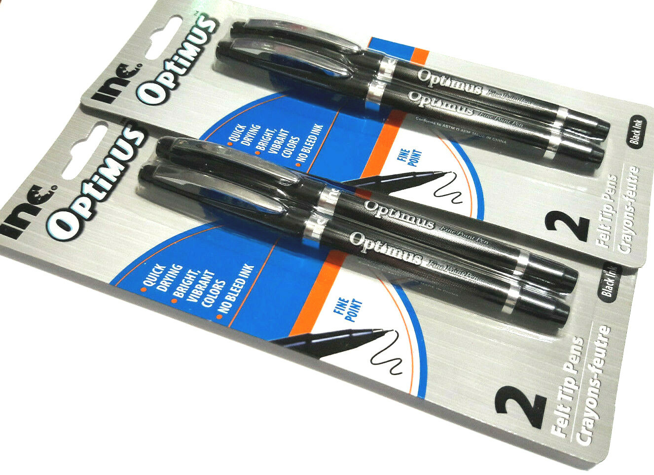 2 PACKS 4 FELT TIP PENS INC® Optimus™ BLACK INK FINE POINT QUICK DRYING ...