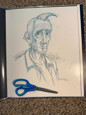 Pencil drawing of cartoon odd-looking man, color, 14" x 17", pencil on ...