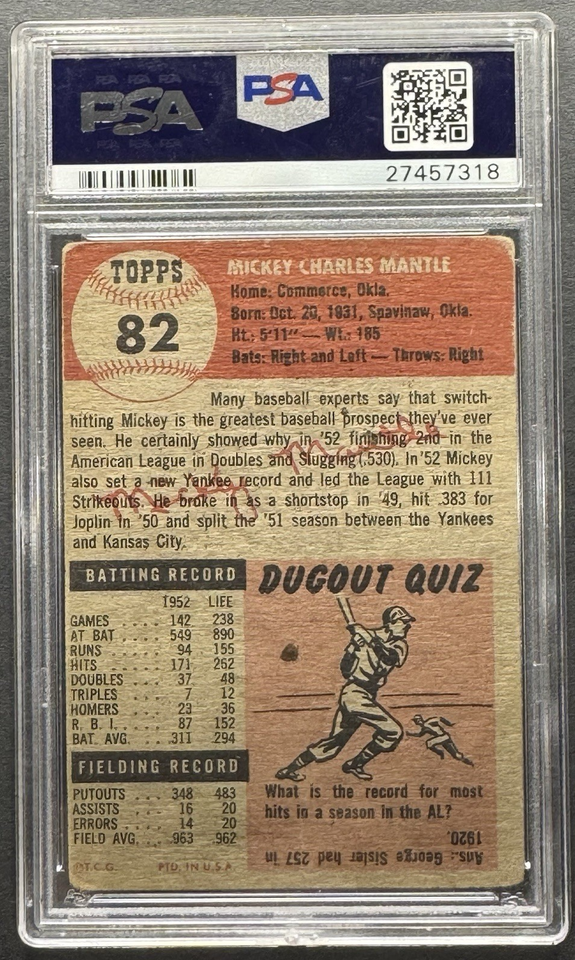 1953 Topps Mickey Mantle #82 PSA 1 New York Yankees Check Out My Other ...