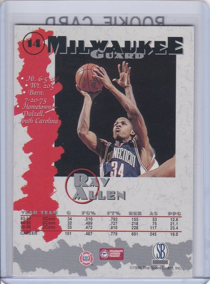 RAY ALLEN ROOKIE CARD 1996 SB AUTOGRAPHED Basketball UCONN RC Bucks ...