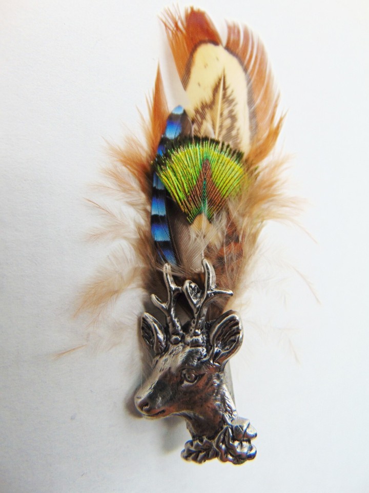 Stag Head Deer Bird Peacock Blue Jay Feather Gamsbart Hat Pin Brooch ...