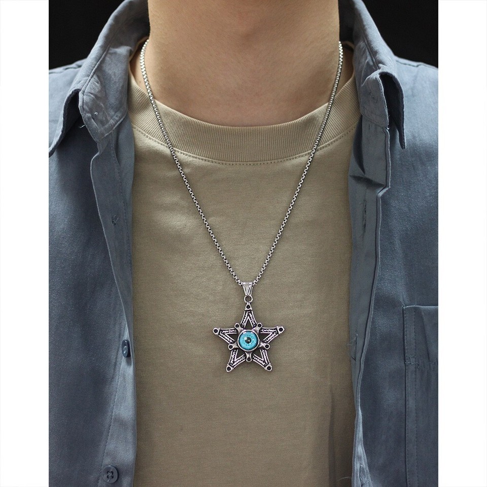 Mens Punk Stainless Steel Blue Devil Eye Hexagram 6 Point Star of David ...