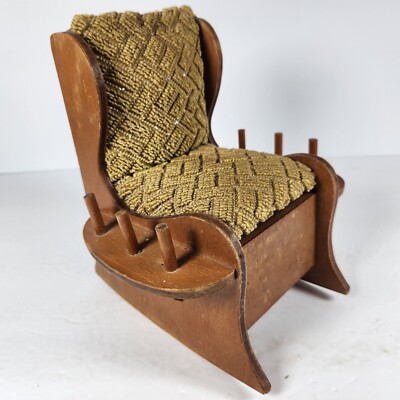 Vtg Wood Rocking Chair Pin Cushion w/ Drawer Holds Spools Thread Sewing ...