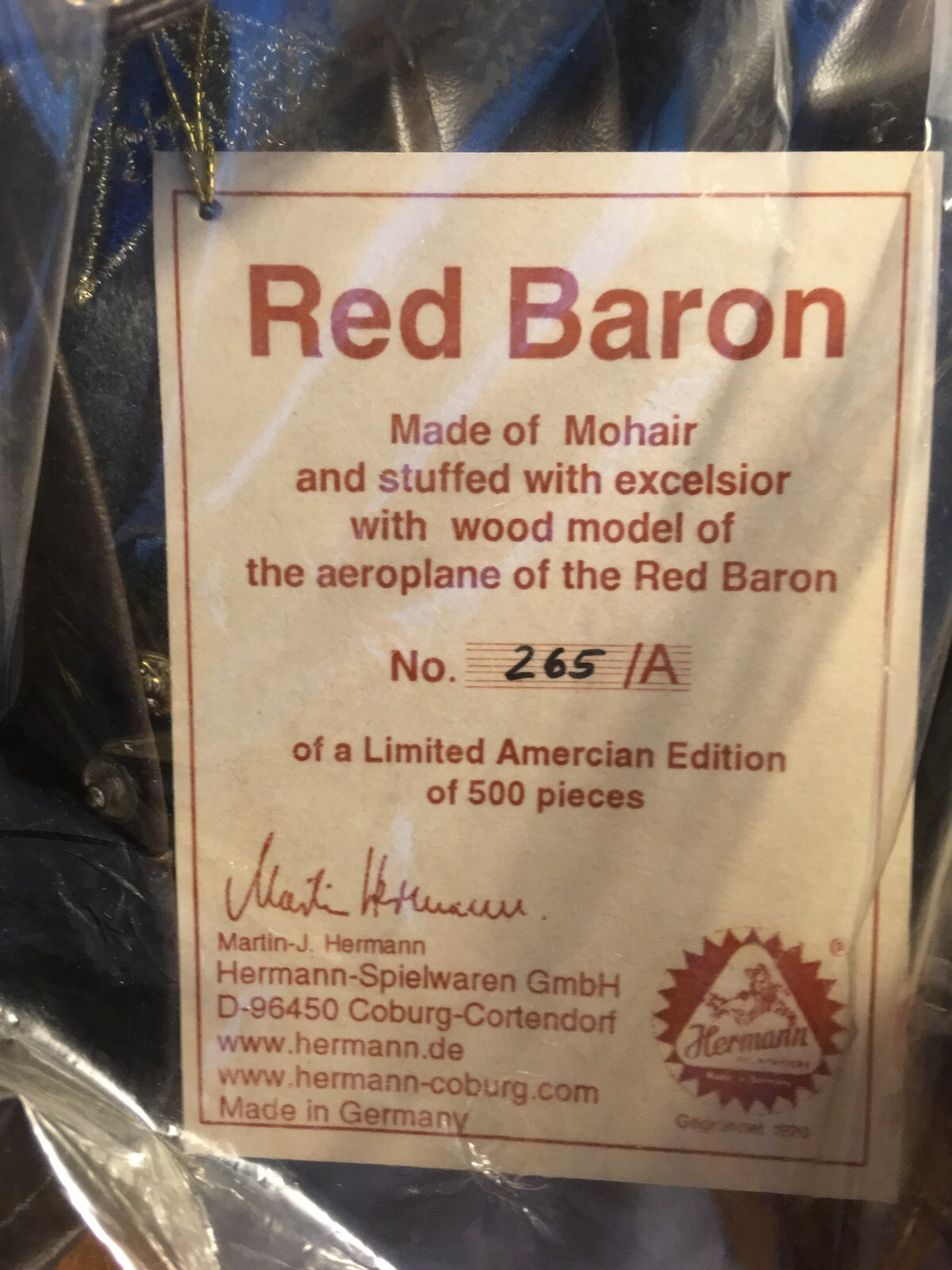 Limited American Edition 265A/500 A Hermann Red Baron Mohair Teddy Bear ...
