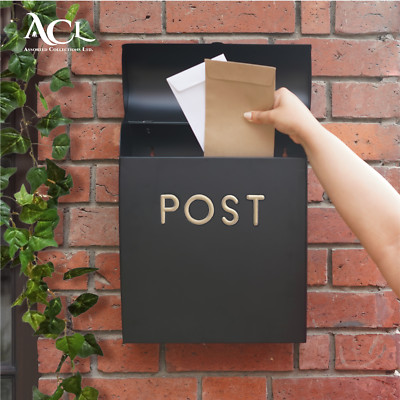 Black Post Box Wall Mounted Large Letter Mailbox With Flap Outdoor ...