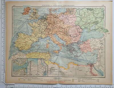 1922 ANTIQUE MAP SOUTH EUROPE ITALY FRANCE SPAIN SUEZ CANAL PORT SAID ...