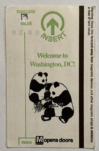 Washington DC Metro Subway WMATA Fare Card Giant Panda Bear Paper ...
