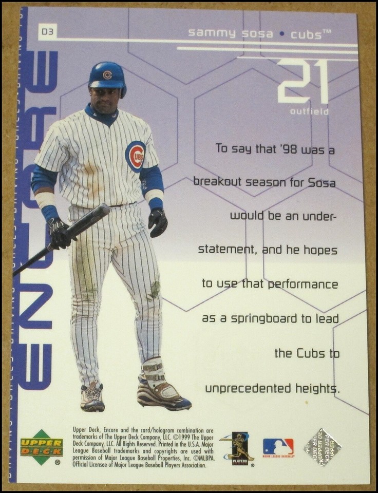 1999 Upper Deck Encore Driving Forces Sammy Sosa Insert Card #D3 ...
