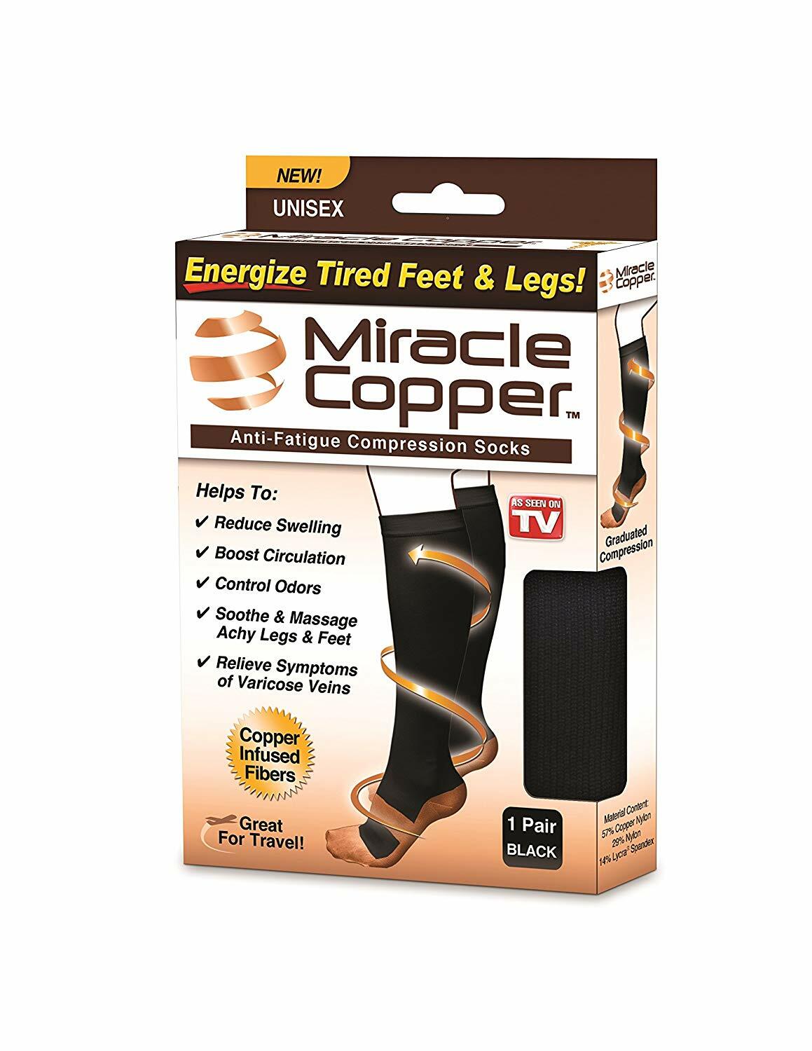 Miracle Copper Anti-Fatigue Compression Socks Unisex S/M Copper Infused ...