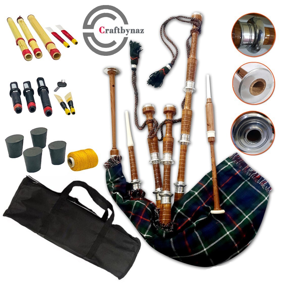 Scottish Mackenzie Tartan Brown Wood Bagpipe Full Silver Mounts Great ...