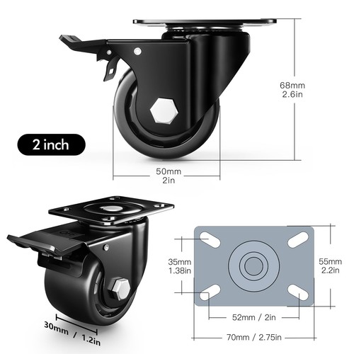 2 Inch Caster Wheels Casters Set of 4 Heavy Duty Load 2200lbs Locking ...