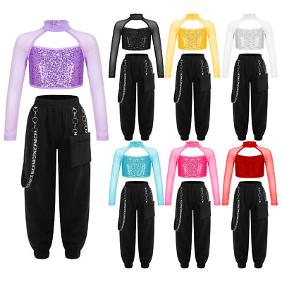 Kids Girls Boys Sequin Jazz Hip Hop Dance Costume Dancing Tops Shorts ...