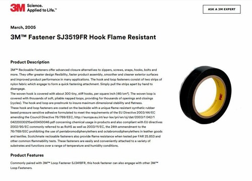 3M SJ3519FR Flame Resistant HOOK Reclosable Fastener w/Adhesive Black 1 ...