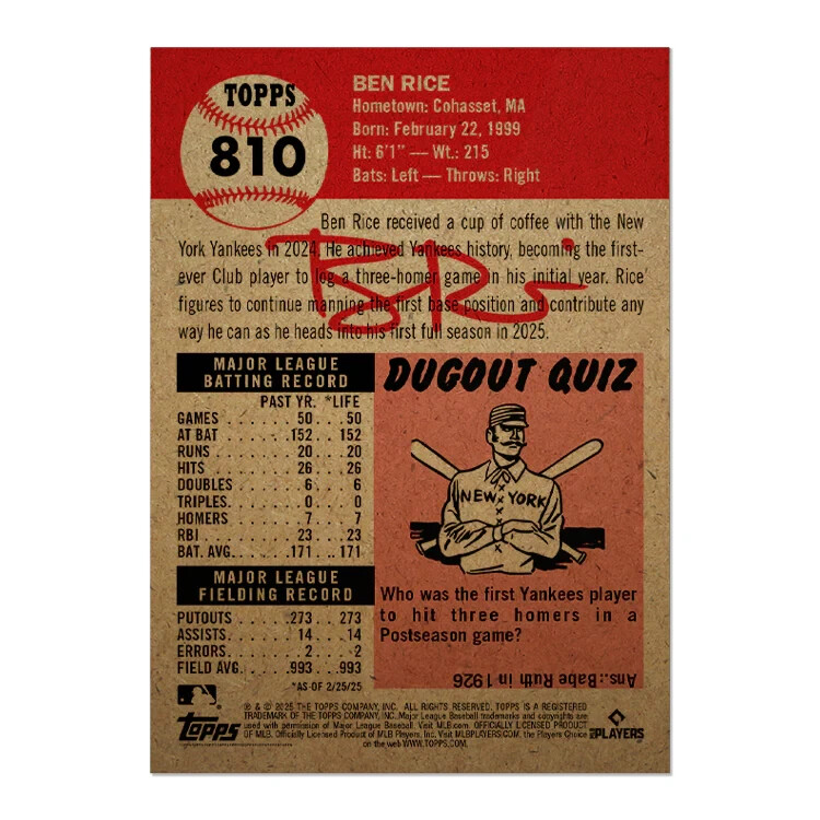 2025 Topps Living Set Card 810 Ben Rice (Rookie Card) - Free Shipping ...