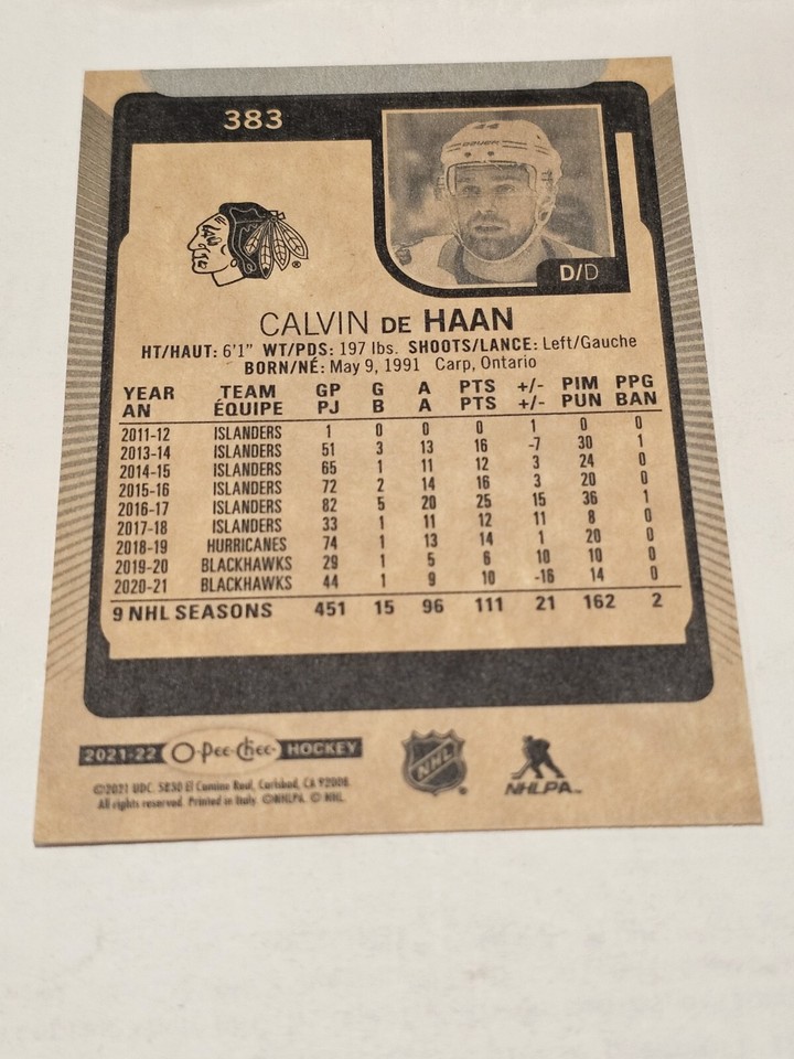 2021-22 OPC O-Pee-Chee Base #383 Calvin de Haan - Chicago Blackhawks | eBay