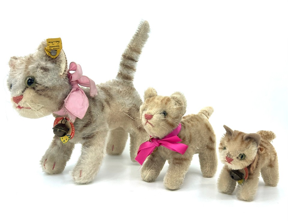Steiff Tapsy Tabby Cat 1960s ID Chest Tag 8cm 3in Mohair Jingle Bell ...