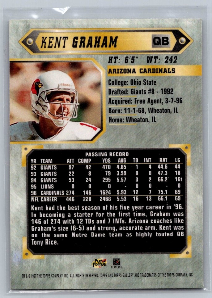 1997 TOPPS GALLERY CARD # 89 Kent Graham - Arizona Cardinals | eBay